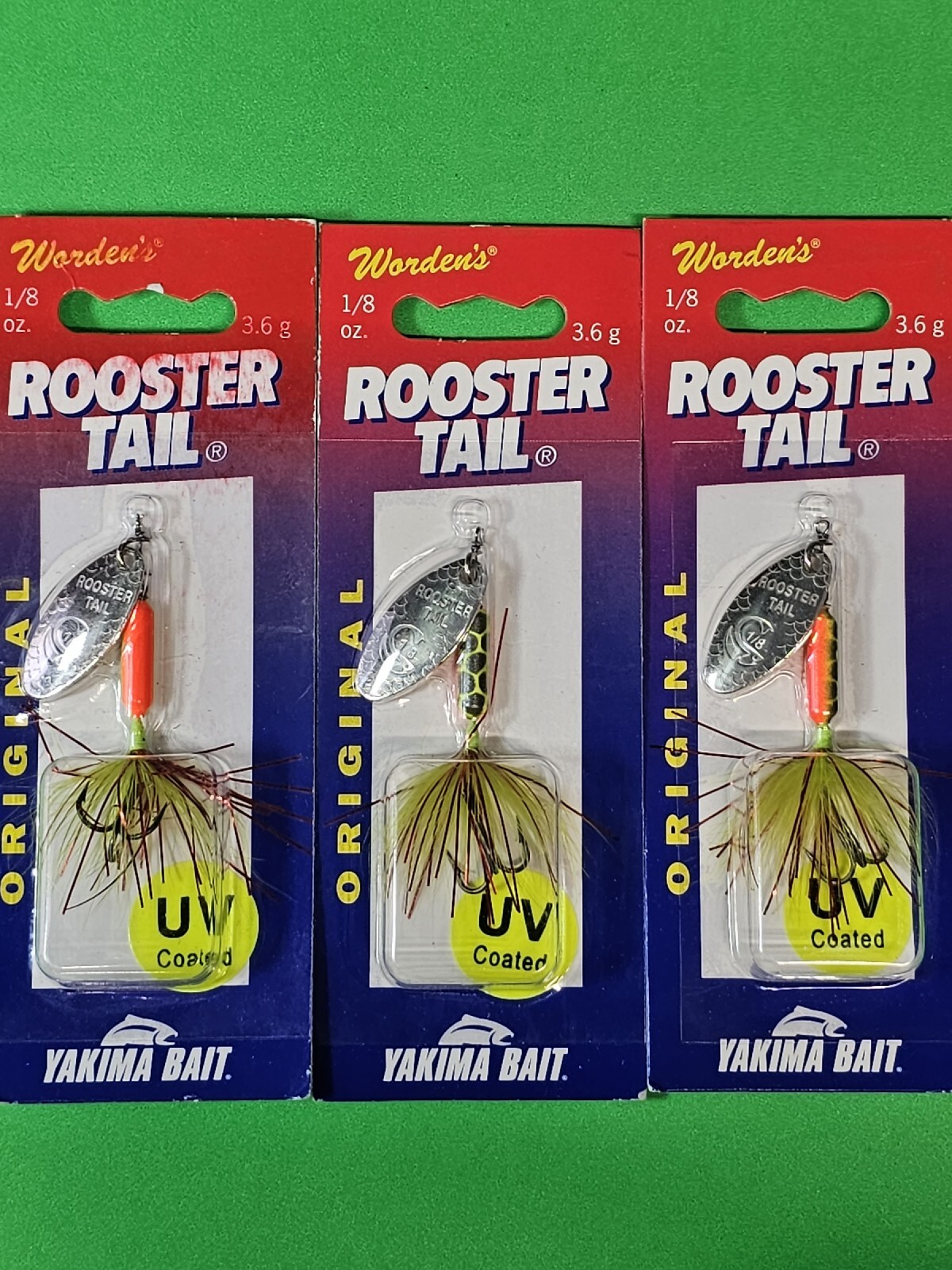 Lot of 3 Rooster Tail, 1/8 oz., Worden's, Bait, UV Coated, Tinsel Fire ...