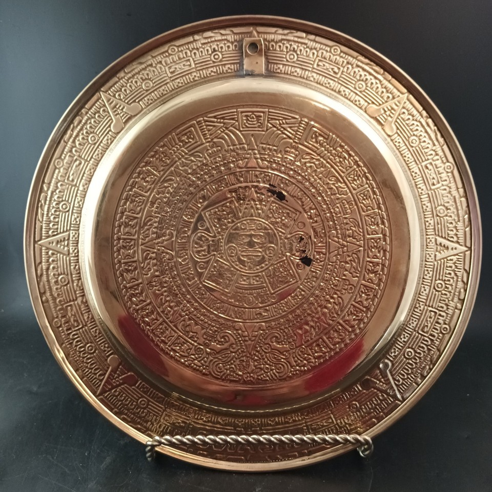 4 Aztec Mexico Brass & Enamel Wall Hanging Plates 11" Vintage, Selling ...