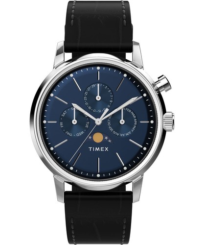Timex Marlin Moon phase Multifunction Black leather Blue dial watch ...