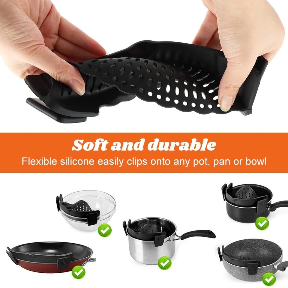 Clip on Strainer with Scraper Silicone Pasta Colander Pot Pan Universal ...