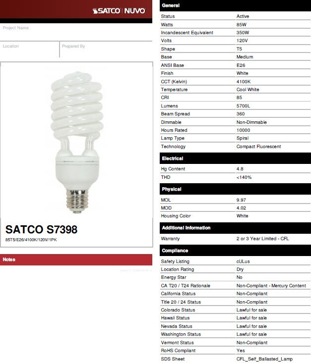 SATCO S7398 85 Watt (350 Watt) 5700 Lumens Hi-pro Spiral CFL Bright ...