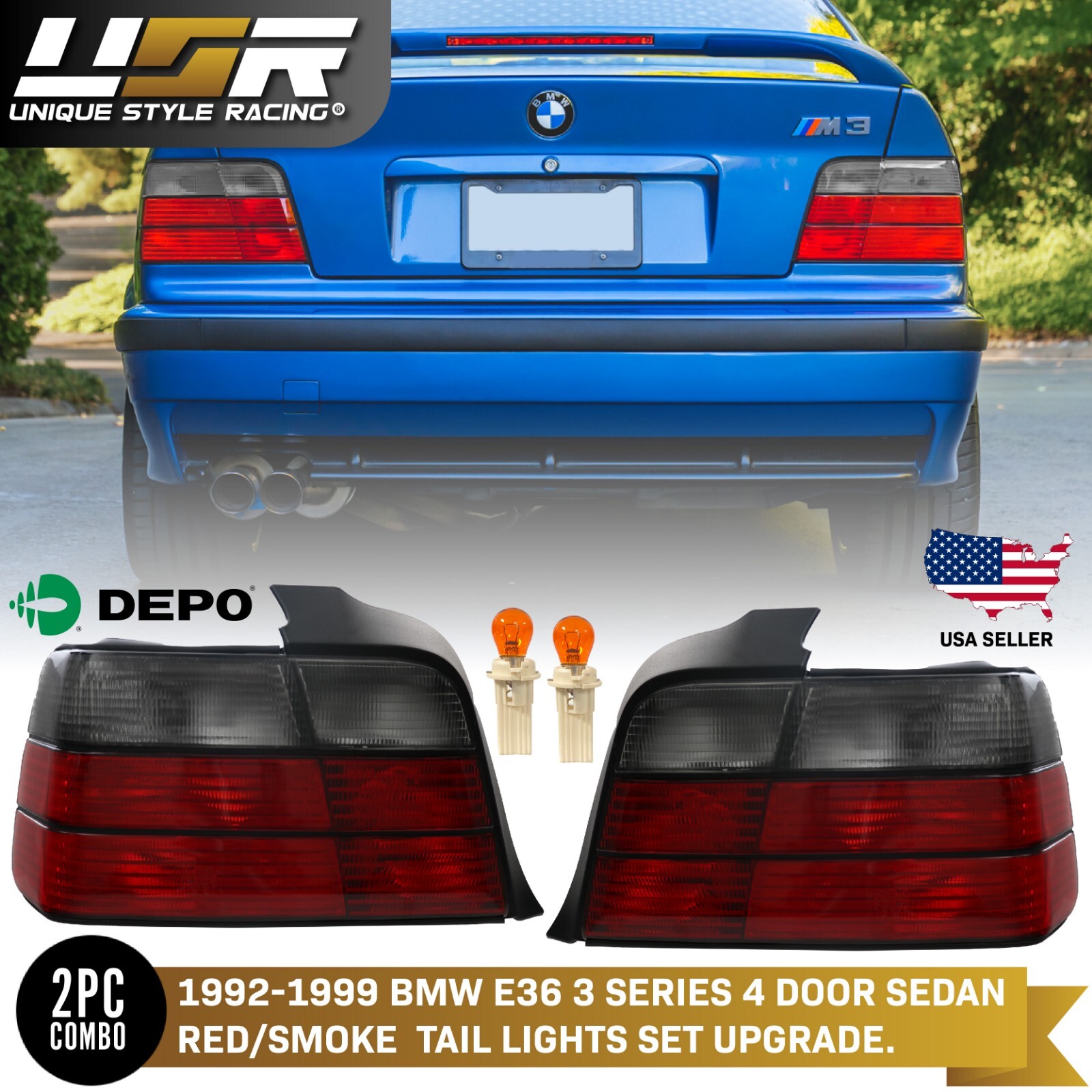 1992-1998 BMW E36 3 Series 4D Sedan DEPO Euro Red/Smoke Rear Tail ...