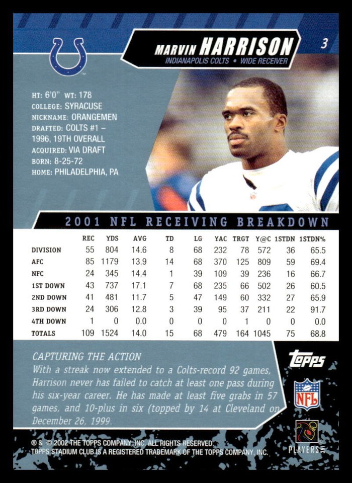 Marvin Harrison 2002 Stadium Club #3 Indianapolis Colts Football Card ...