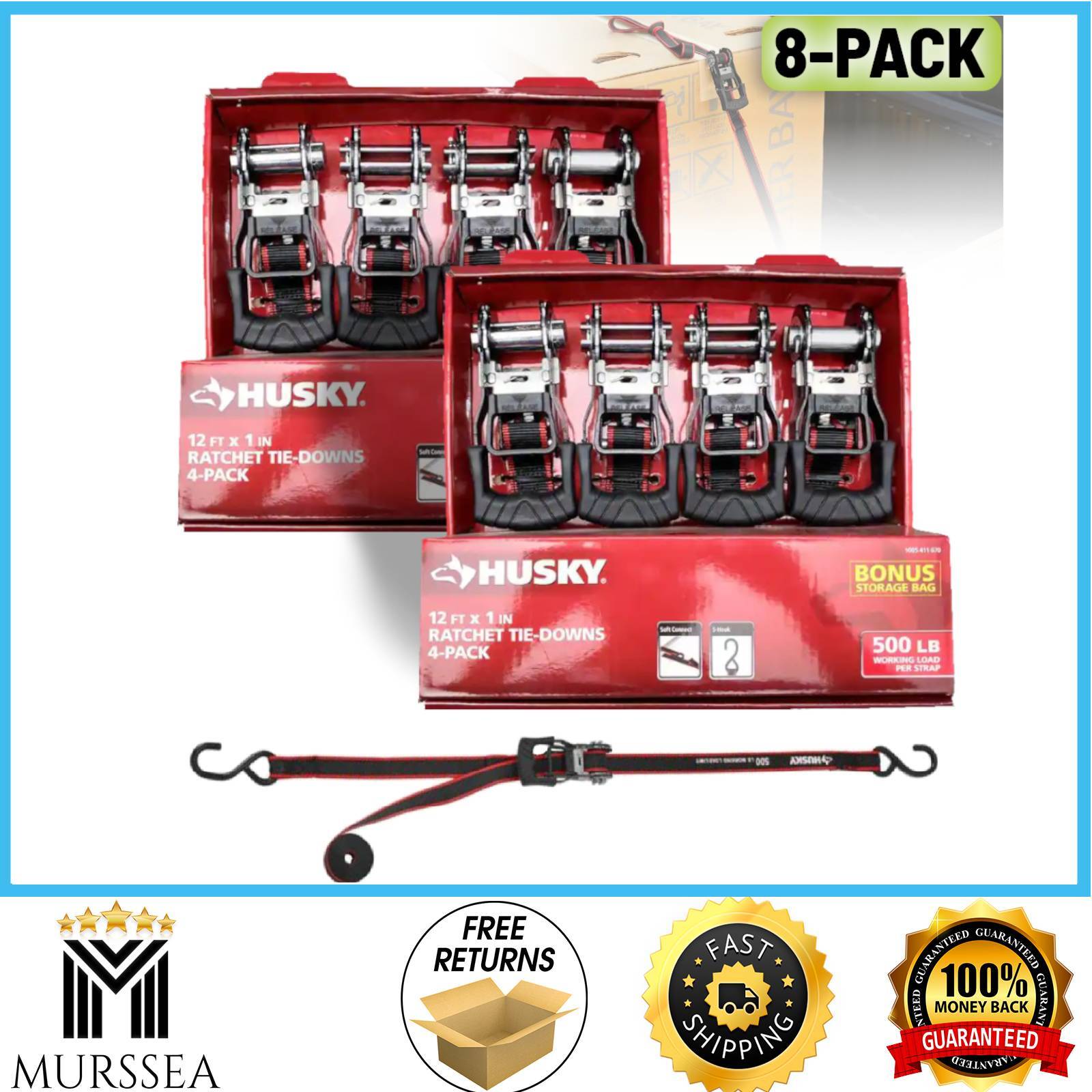 8-PACK HUSKY RATCHET TIE DOWN Heavy Loads Security Fastening Straps 12 ...