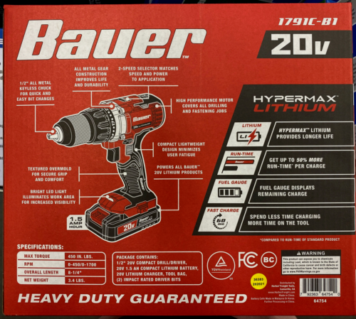 BAUER 20V Cordless 1/2 In. Drill/Driver Kit INCLUDES CHARGER AND ...