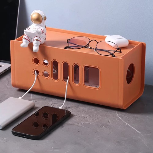 Large Desk Cable Tidy Box 13x30cm USB Ports & Power Strip Organizer ...