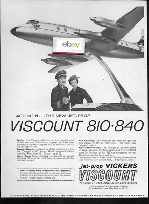 CONTINENTAL AIRLINES VICKERS VISCOUNT 810-840 1957 400 MPH PILOT & F/A ...