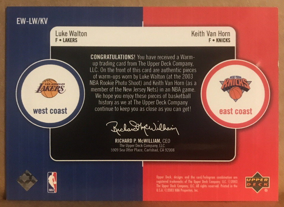 Luke Walton & Keith Van Horn 2003-04 Upper Deck West/East Dual Patch # ...