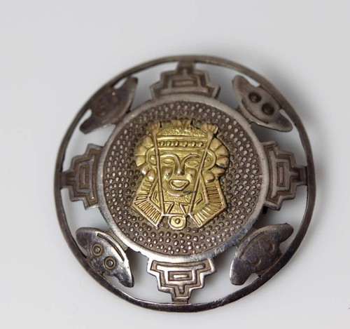 Peruvian Vintage Sterling Silver 18K Gold Inca Medallion Pendant 1-3/8 ...