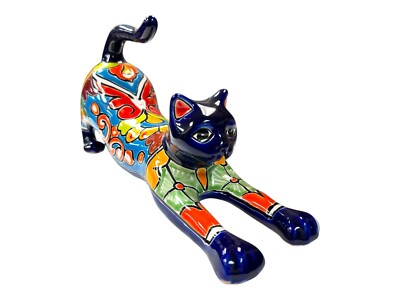 Talavera Cat Stretching Cute Folk Art Mexican Pottery Hand Painted ...