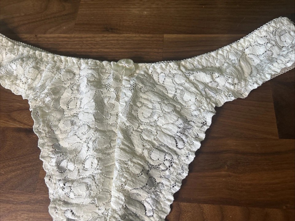 Vtg 90s Thong Panties Cream Lace Front Bow Detail Underwear Sz 9 Second ...