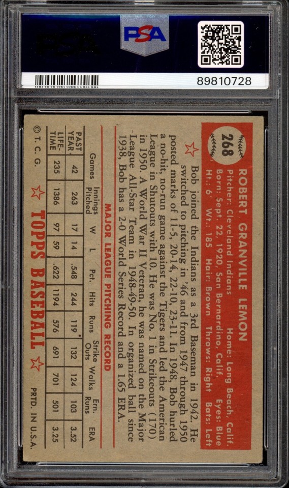 1952 Topps #268 Bob Lemon PSA 4 Cleveland Indians HOF Baseball Card ...