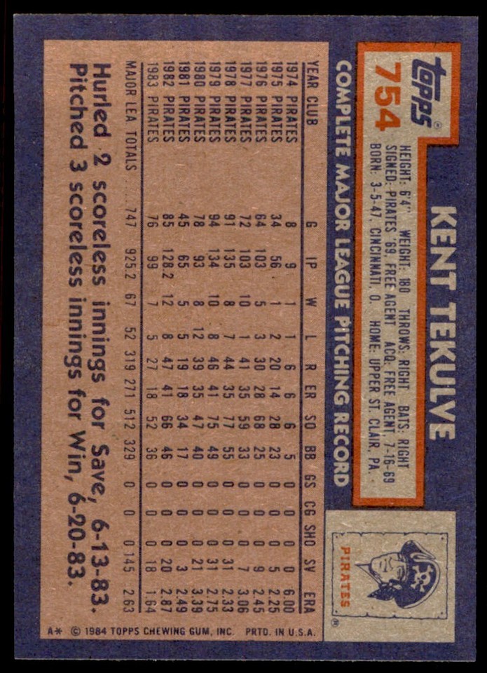 1984 Topps #754 Kent Tekulve | eBay