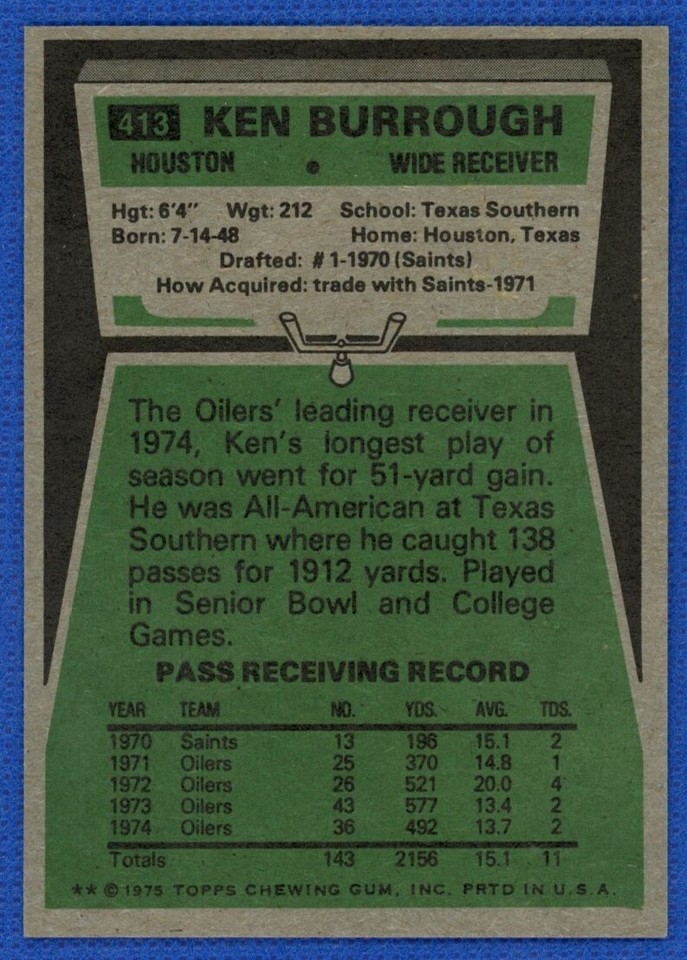 1975 Topps Football # 413 Ken Burrough (Burrough) Houston Oilers | eBay