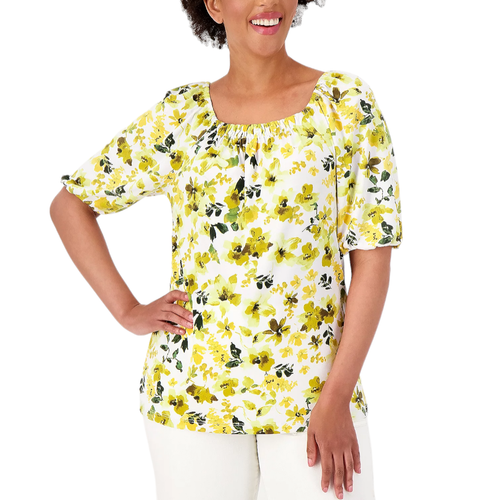 Susan Graver Printed Liquid Knit Square-Neck Peasant Top Citron | eBay