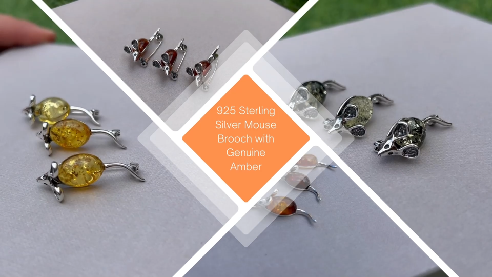 CERTIFIED 925 Sterling Silver Genuine Baltic Amber Little Mouse Brooch ...