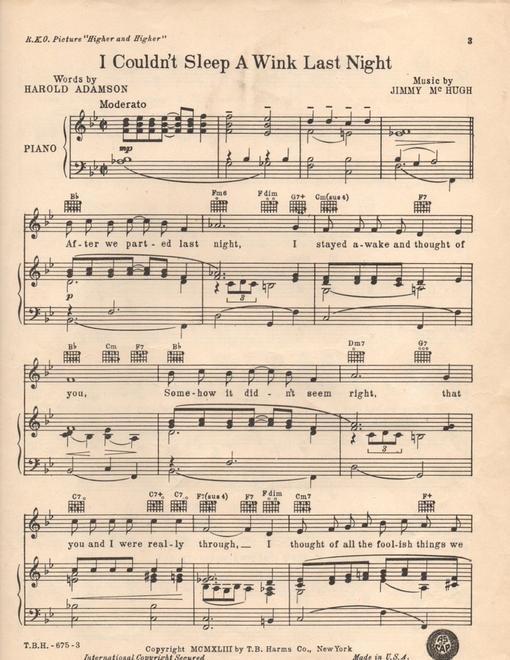 I Couldn't Sleep a Wink Last Night 1943 Sheet Music Frank Sinatra ...