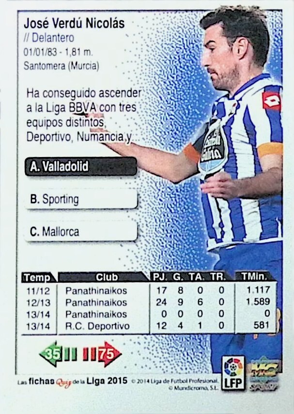 2014-15 Mundicromo Fichas la Liga Deportivo la Coruna Toche Jose Verdu ...