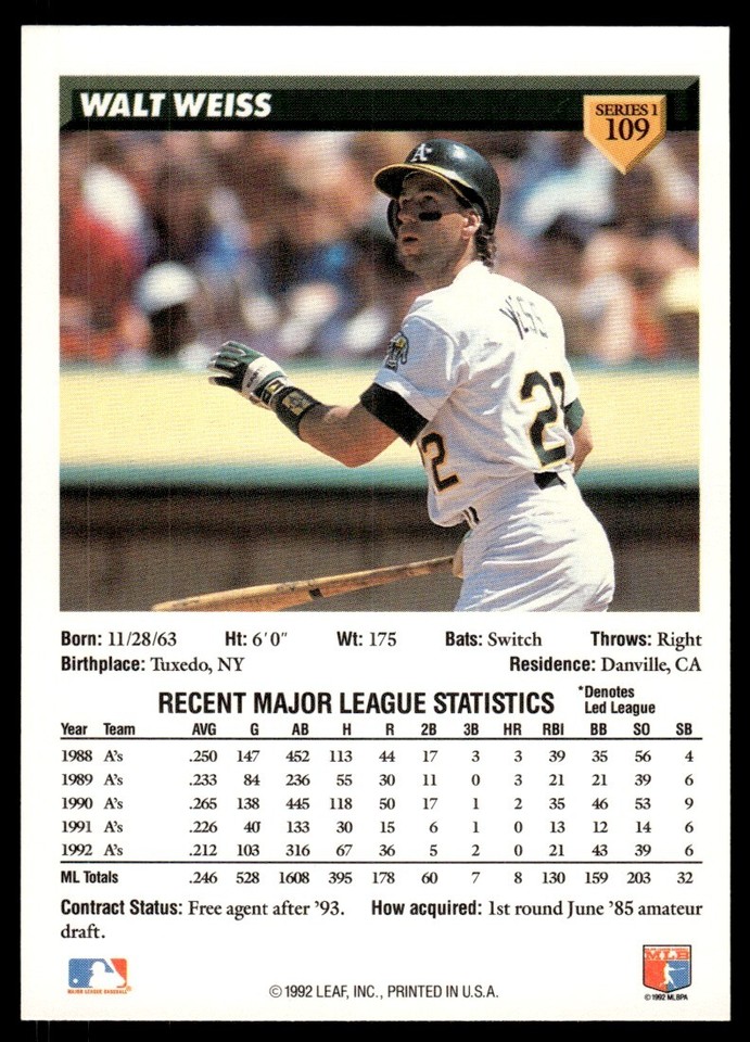 1993 Donruss Baseball Card Walt Weiss Oakland Athletics #109 | eBay