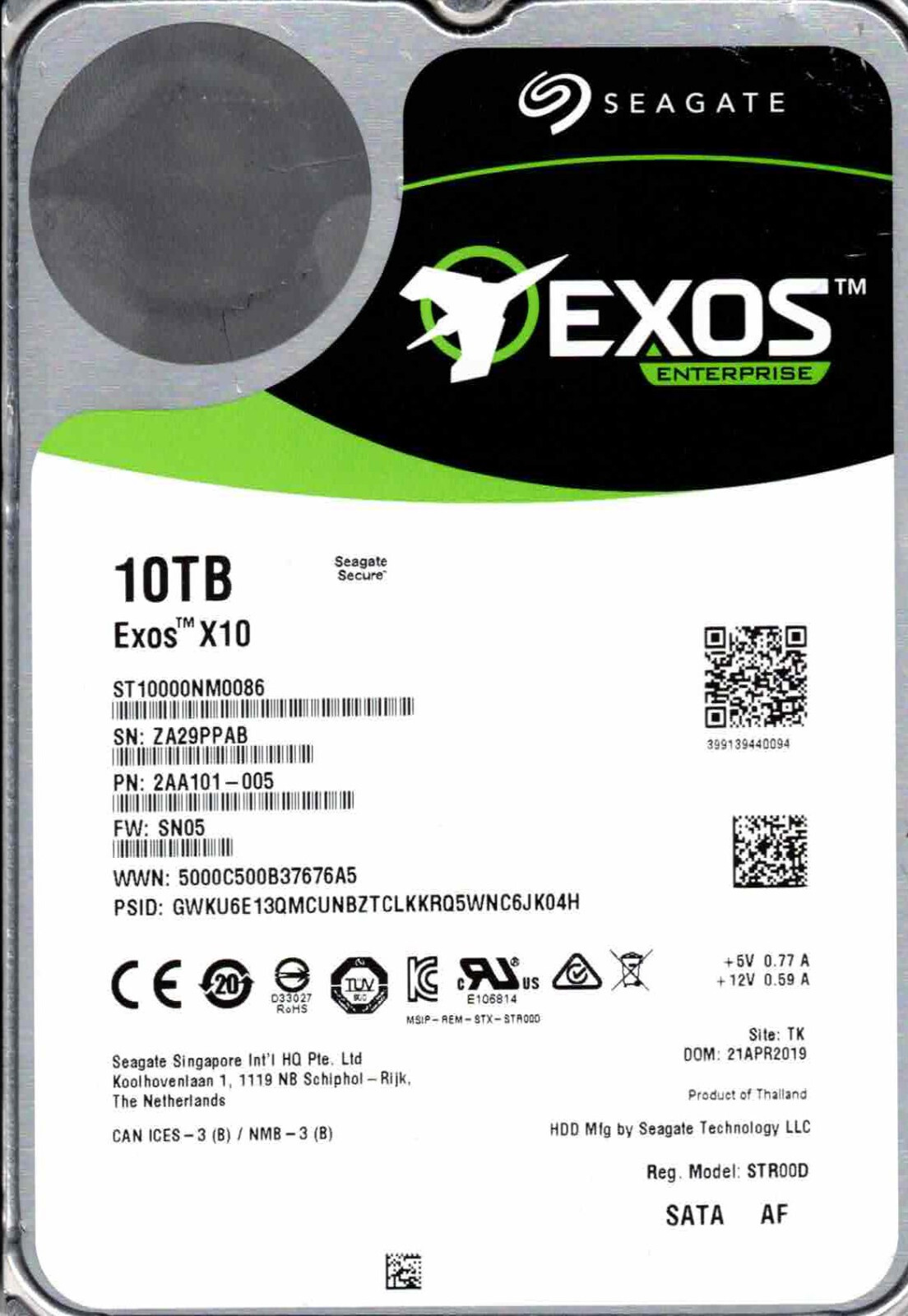 ST10000NM0086, 2AA101-005, SN05, TK, ZA29, SEAGATE SATA 10TB APR 2019 ...