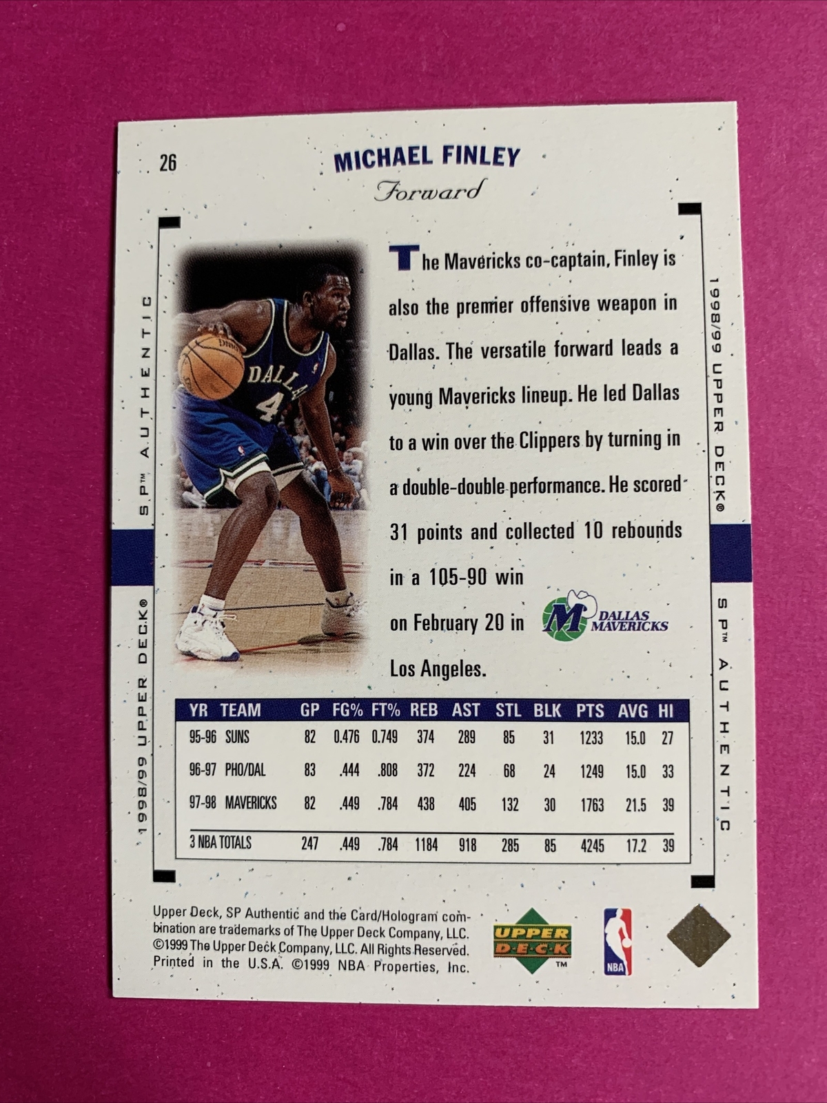 🐶 1998-99 SP Authentic Dallas Mavericks #26 Michael Finley | eBay
