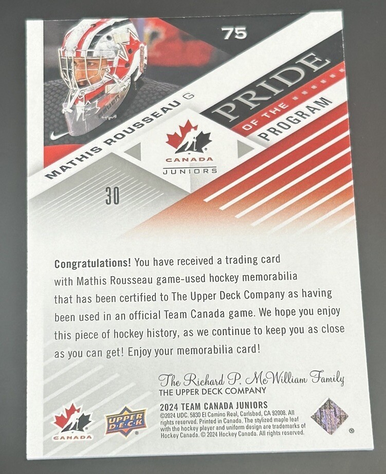 2024 Team Canada Juniors Pride of The Program Jersey Mathis Rousseau ...