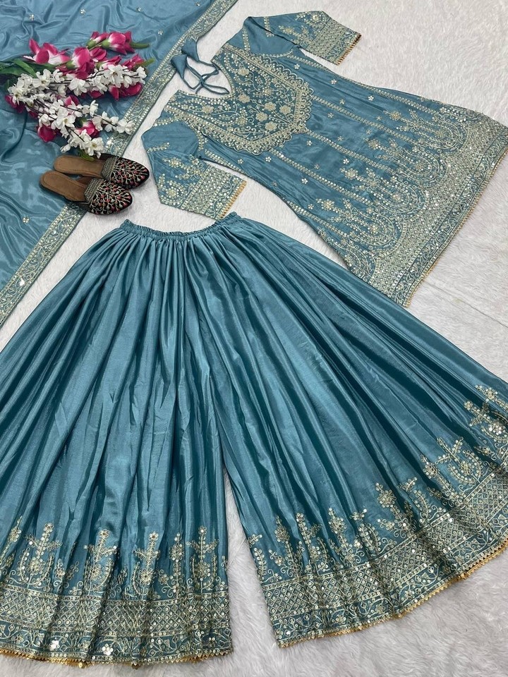 Wedding Wear Chinnon Silk Powder Blue Top Palazzo And Dupatta For Women ...