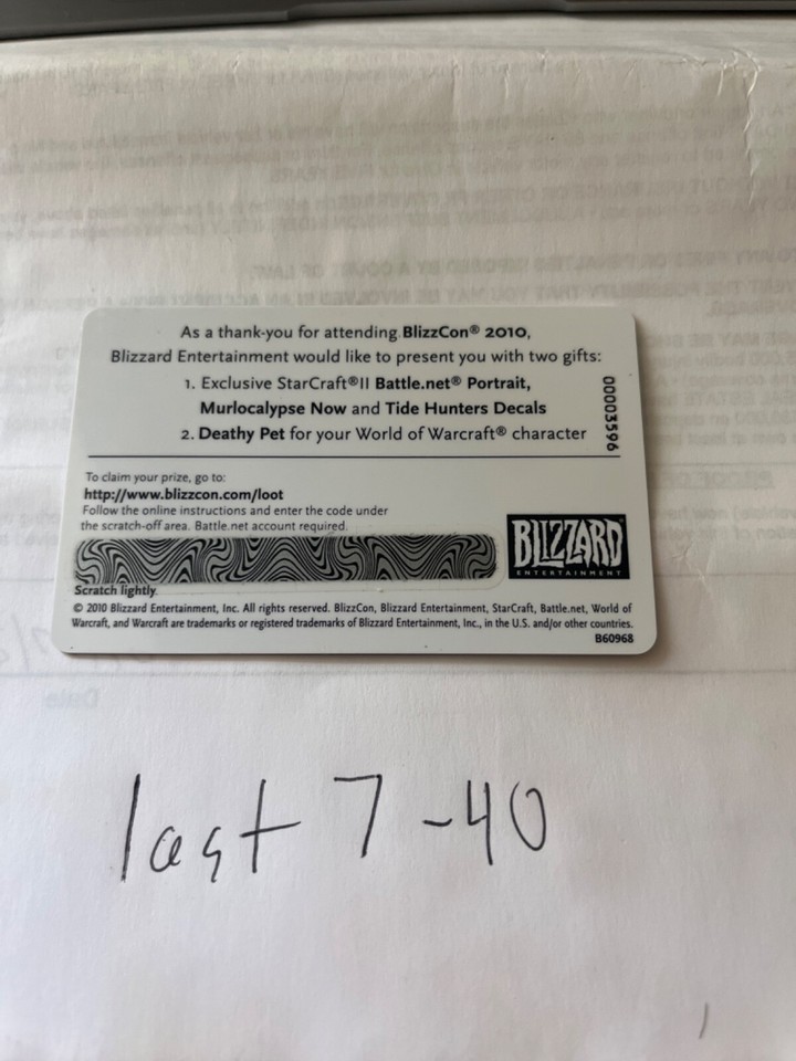 2010 BlizzCon World of Warcraft (WoW) Deathy Pet Loot Card (New ...
