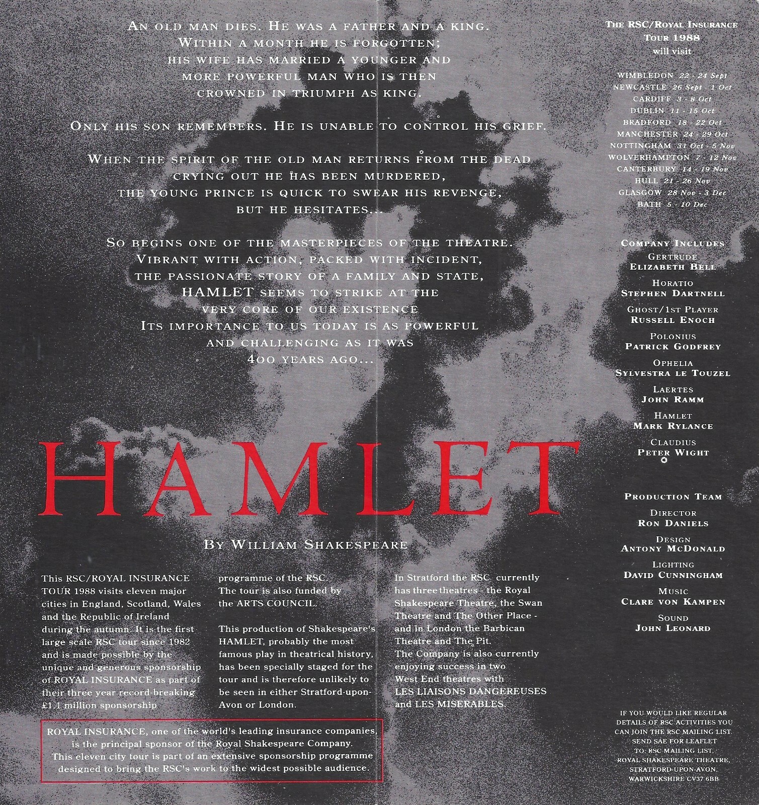 Mark Rylance "HAMLET" Elizabeth Bell / Patrick Godfrey 1988 Cardiff ...