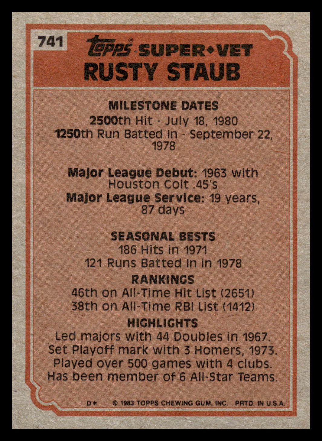 1983 Topps #741 Rusty Staub Colt .45's / New York Mets SV Baseball VG ...