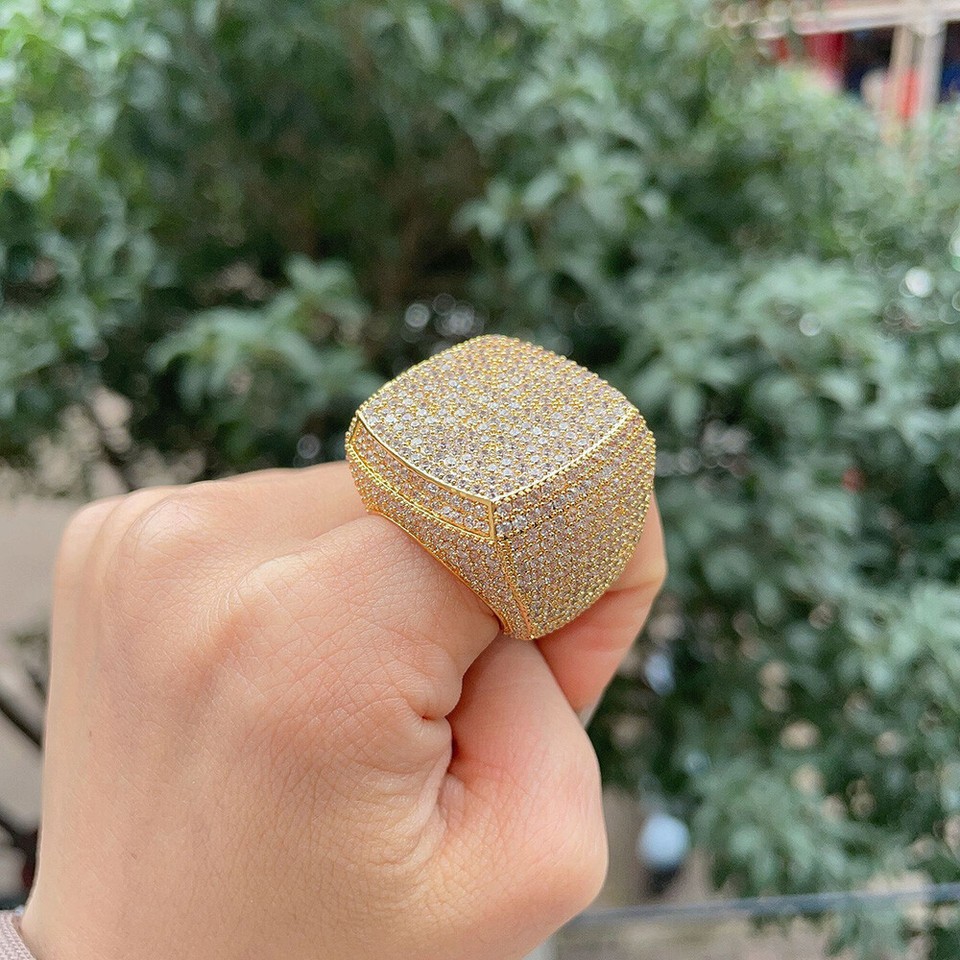 Hip Hop Full 5A Zircon Square Ring Copper 18K Real Gold Plated Thumb ...