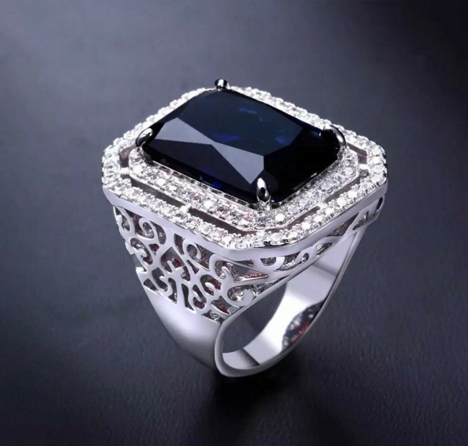 Lab-Created Blue Sapphire Big Large Square Ring 18k White Gold Filled ...