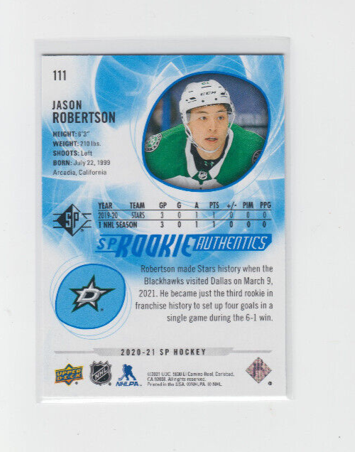 20/21 UD SP Dallas Stars Jason Robertson Rookie Authentics Blue RC card ...