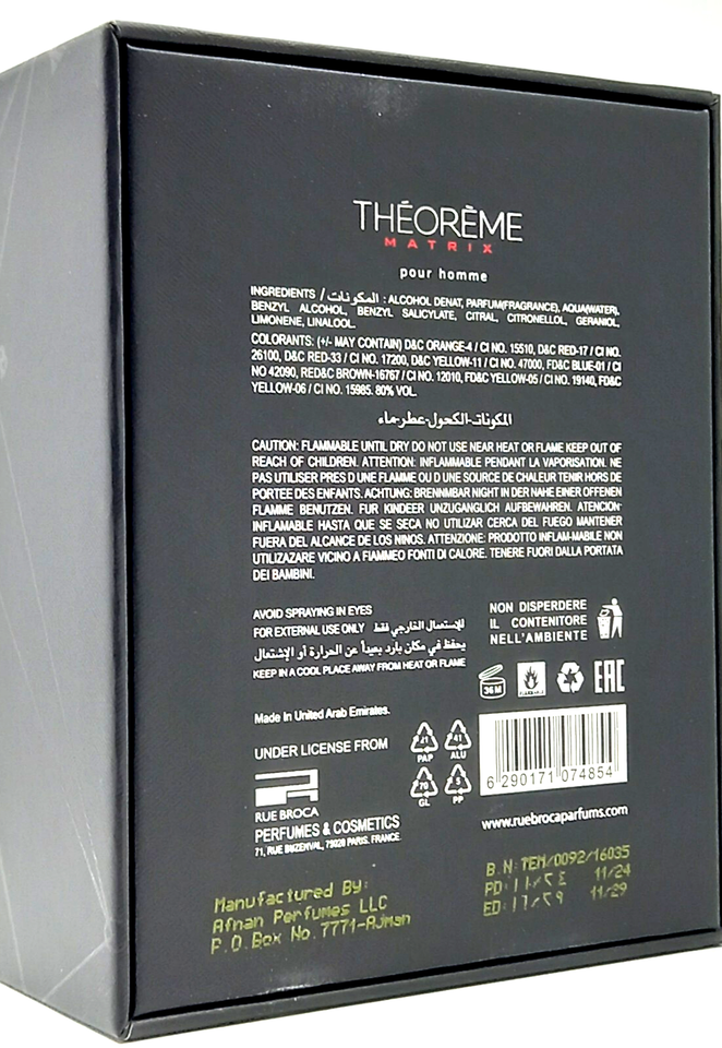 RUE BROCA THEOREME MATRIX POUR HOMME EAU DE PARFUM SPRAY FOR MEN 3.0 Oz ...