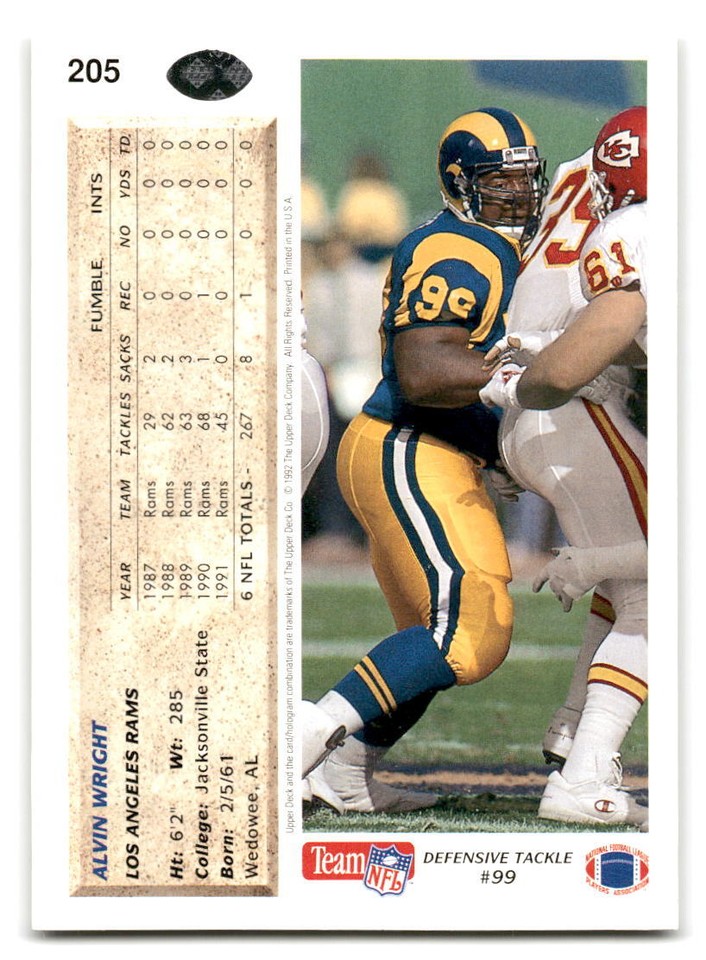 Alvin Wright 1992 Upper Deck FOOTBALL #205 Los Angeles Rams | eBay