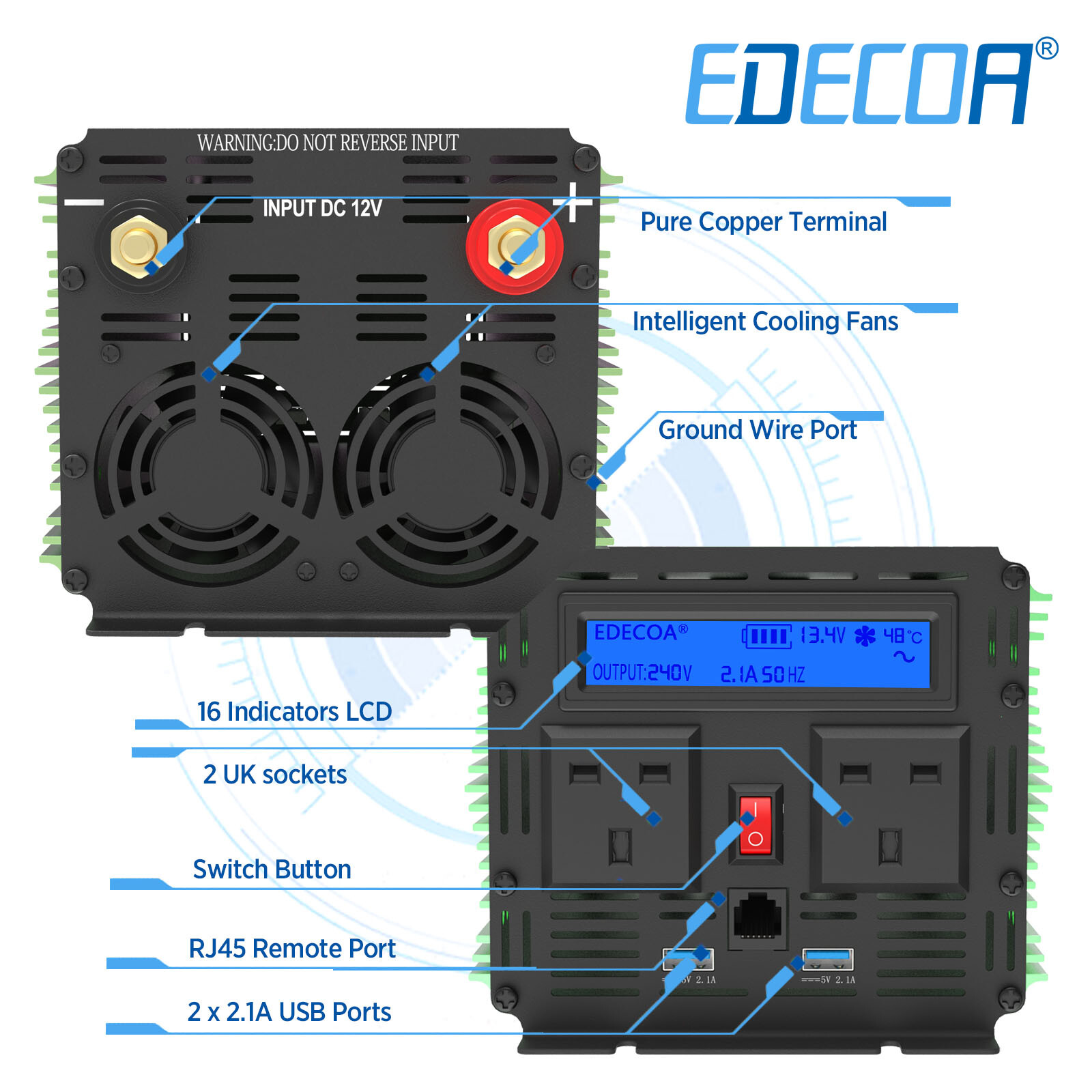 EDECOA Power Inverter 12V to 240V Pure Sine Wave 1000W converter LCD ...