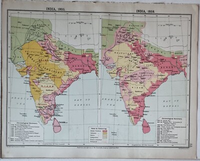 1905 MAP INDIA 1805 & 1858 BRITISH TERRITORY NIZAM MAHRATTA NEPAL ...