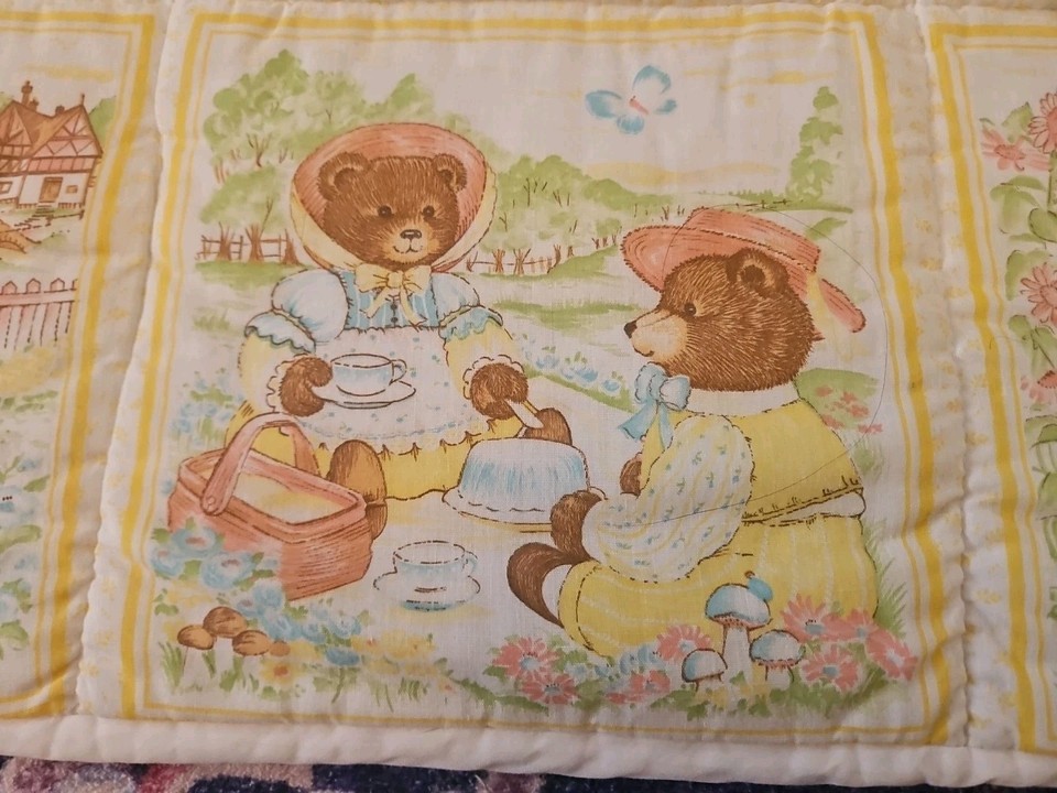 Vintage 90s Teddy Bear Picnic Reversible Crib Blanket Nursery Decor | eBay