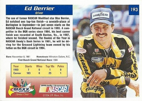 ED BERRIER AUTOGRAPHED 1994 MAXX SERIES ONE RACING NASCAR PHOTO TRADING ...