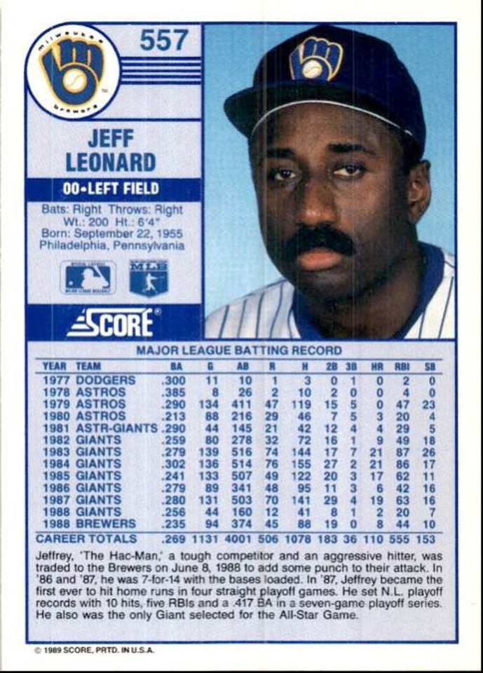 1989 Score Baseball Card Jeff Leonard B Milwaukee Brewers #557 | eBay