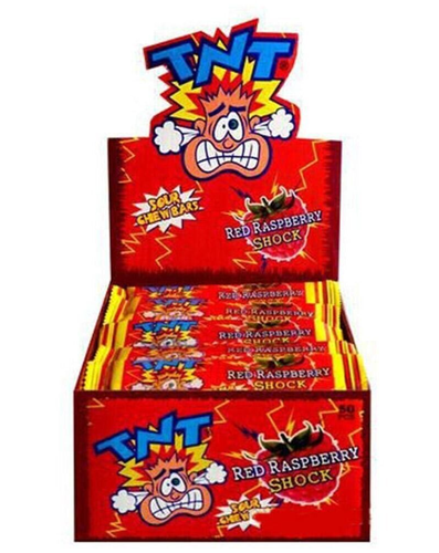 80 x TNT FIZZY CHEW BAR RED RASPBERRY SHOCK SOUR BULK LOLLIES NOVELTY ...