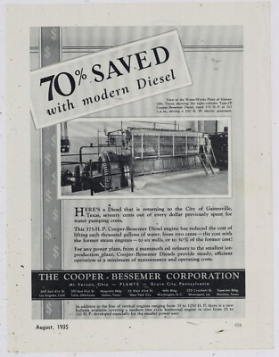 1935 Cooper Bessemer Ad: Gainesville, Texas Waterworks Plant w/ 375 CB ...