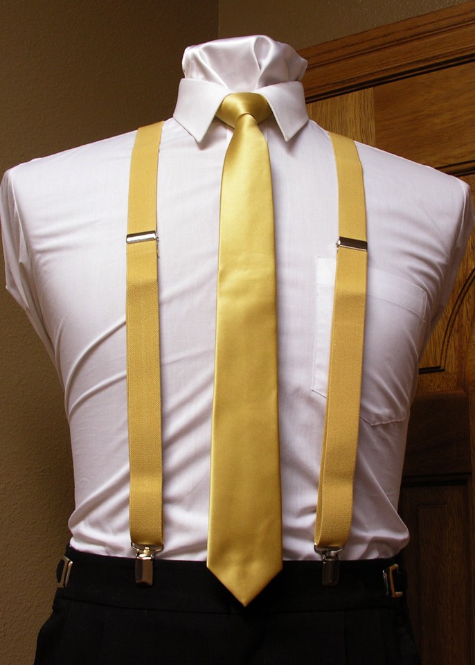Matching skinny tie and suspenders set men's clip-on x back longer ...