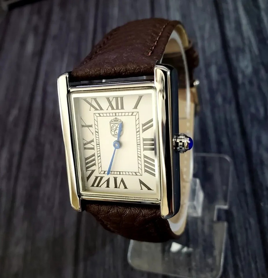 Classic Mens Tank Rectangular Pierre Lucerne White Dial Brown Leather ...