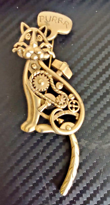 Vintage Danecraft Purrr Cat Wind Up Gear Matte Gold Tone Brooch Steam ...