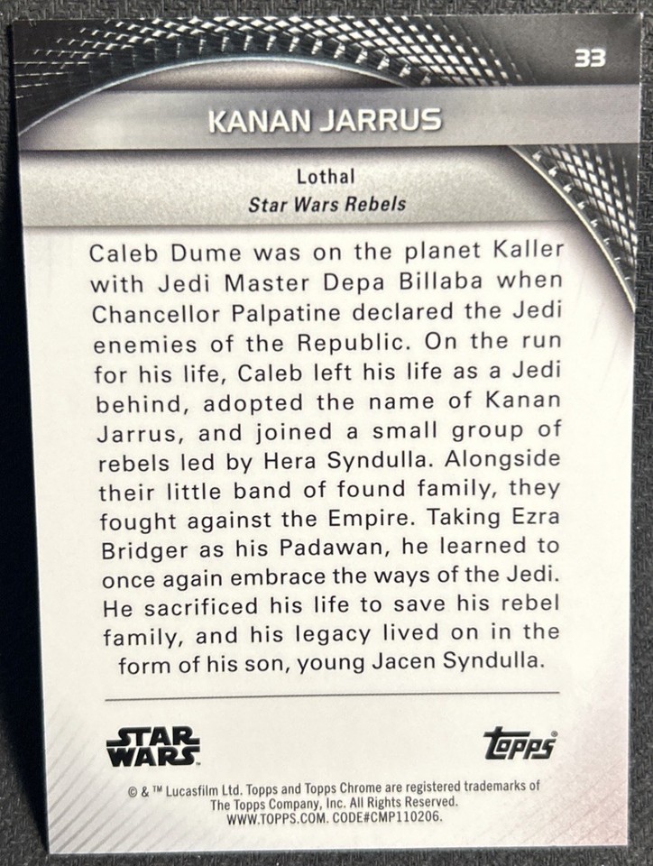 2025 Topps Star Wars Hyperspace #33 Kanan Jarrus Blue Lazer Refractor ...