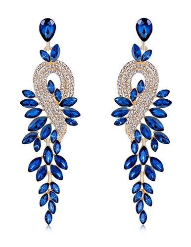 Blue Rhinestone Earrings Gold Long Silver Crystal Pageant Dangle ...