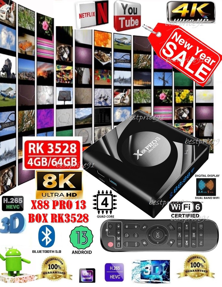X88 PRO 13 RK3528 Android 13 Smart TV Box 4G+64G Wifi6 BT 4K H.265 ...
