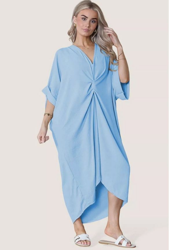 LADIES SUMMER SMOCK ASHLEE KNOT DRESS WOMANS V-NECK SOLID A LINE LOOSE ...