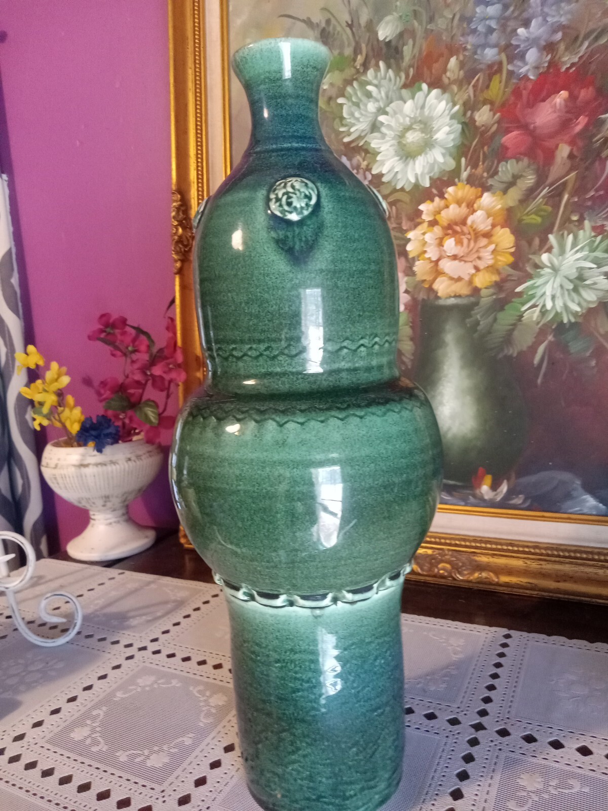 Large Audrey McKean Hand Thrown Green Glazed Pottery Vase Signed | eBay